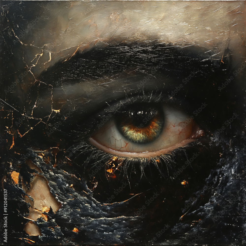 Oil painting close up of an eye with black tears that glow like fire ...