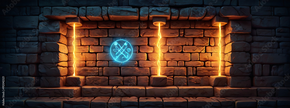 Illustration of a brick wall with magical runes and glowing symbols ...