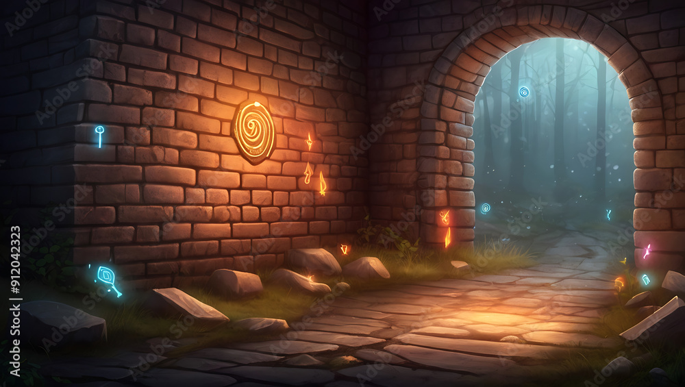 Illustration of a brick wall with magical runes and glowing symbols ...