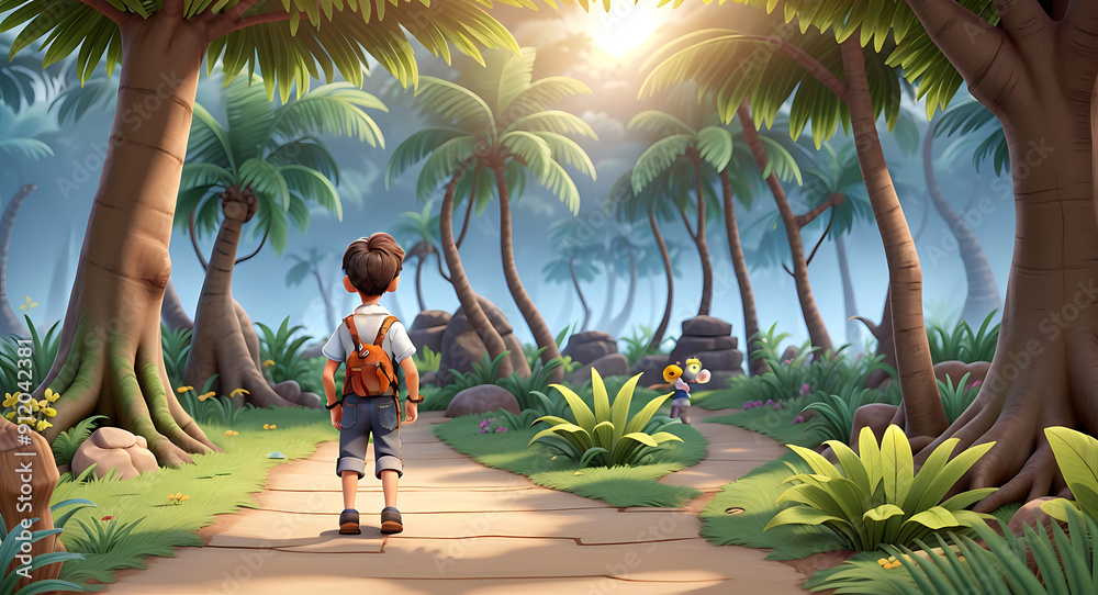 Back view of A Young boy participating to a treasure hunt game while ...