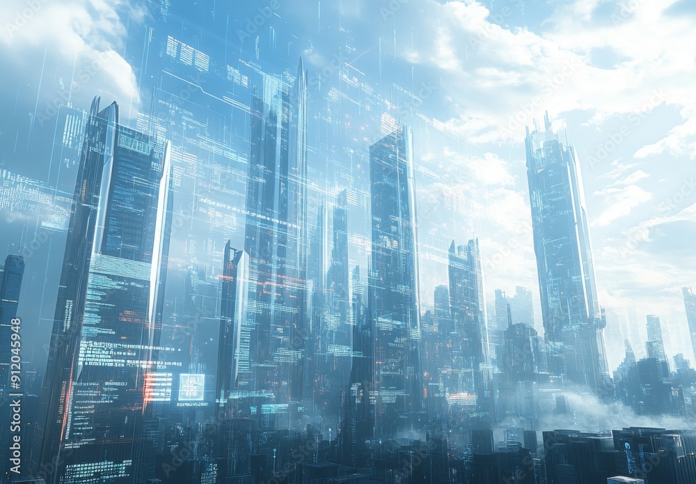 A high tech urban environment with streamlined skyscrapers, transparent ...