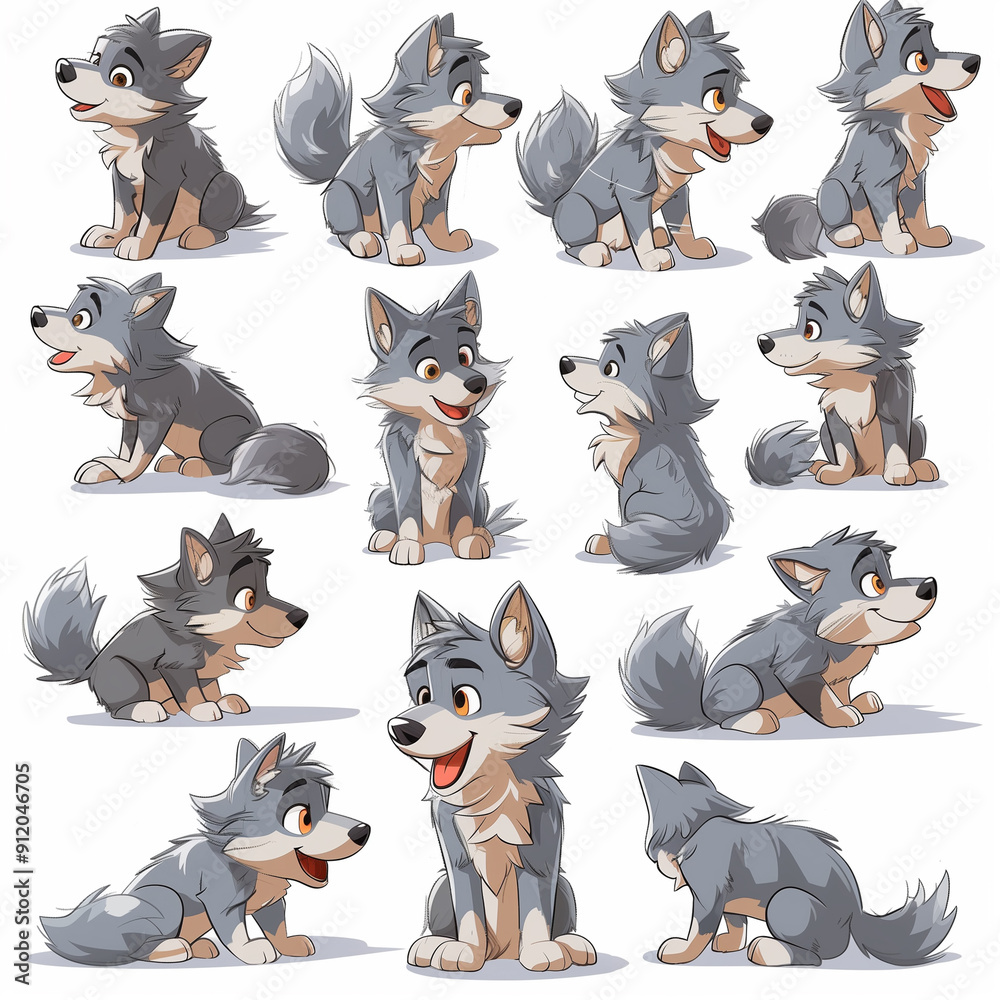 cartoon wolf character poses set with various expressions Stock ...
