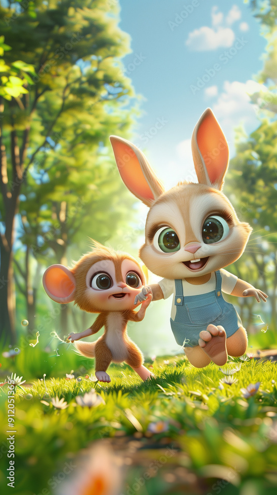 cartoon rabbit and mouse in the woods with trees and grass Stock ...