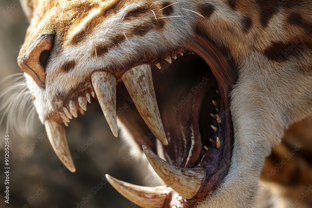 Detailed view of saber-toothed cat elongated canines, with focus on ...