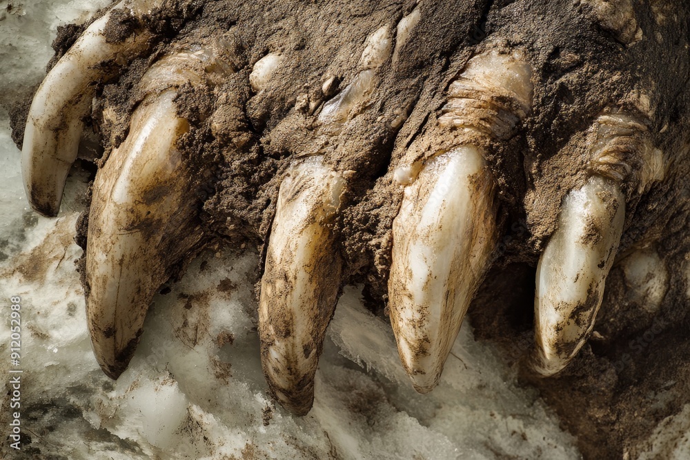 Detailed view of giant ground sloth claws, with visible dirt and ice ...