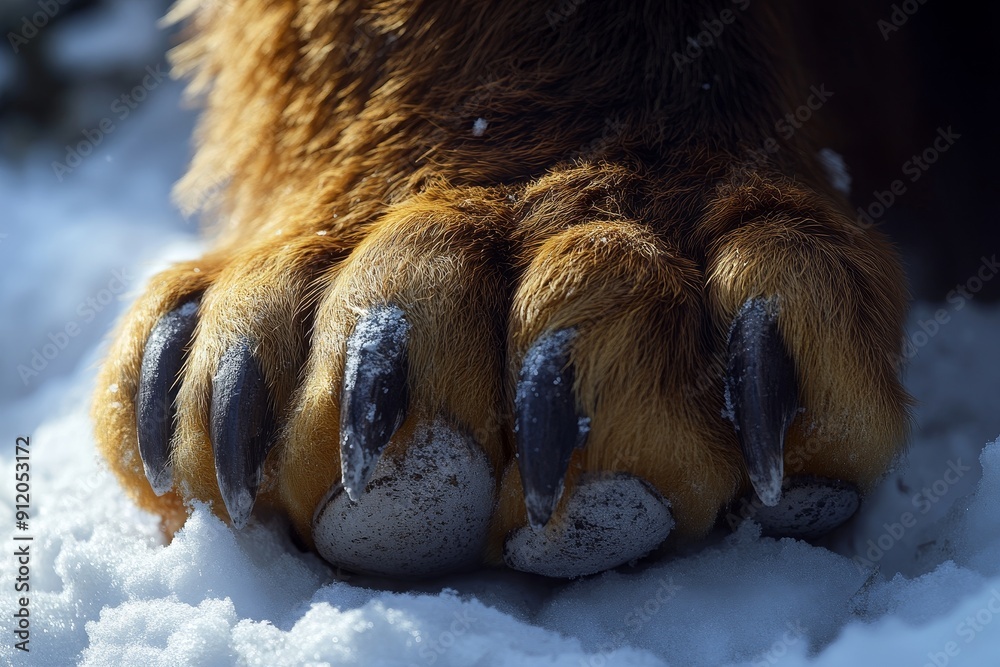 Close-up of cave bear paw, emphasizing thick fur and sharp claws ...