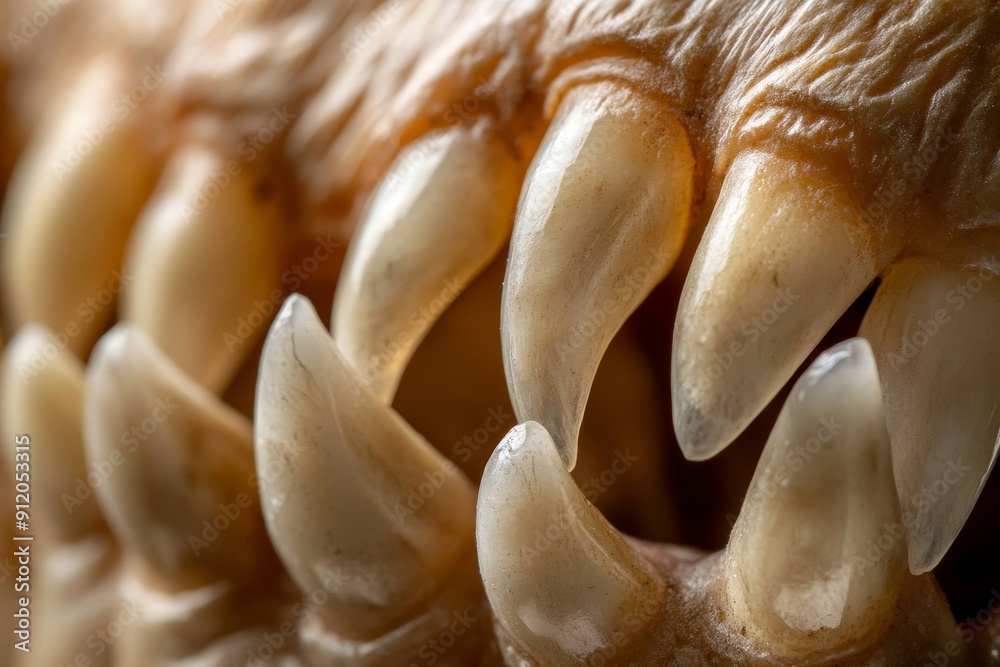 Detailed view of dire wolf teeth, with focus on sharp canines and ...