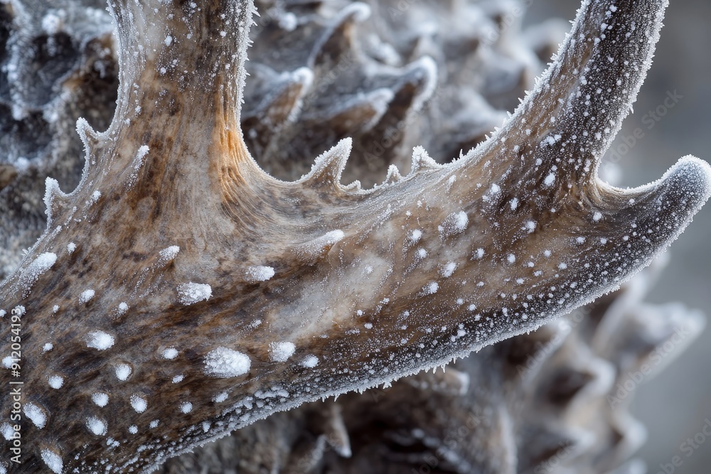 Close-up of prehistoric elk antlers, with frost-covered tips and strong ...