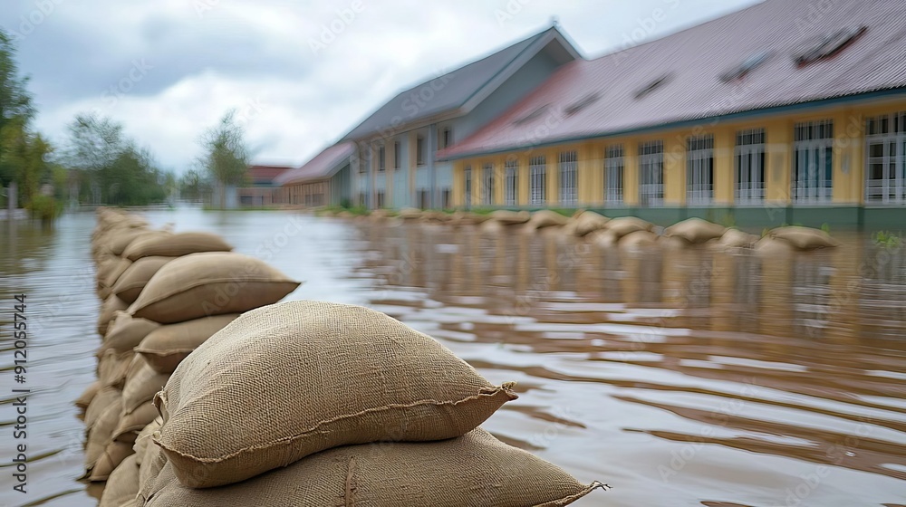 Sandbag fortifications around a school building in a flooded area ...