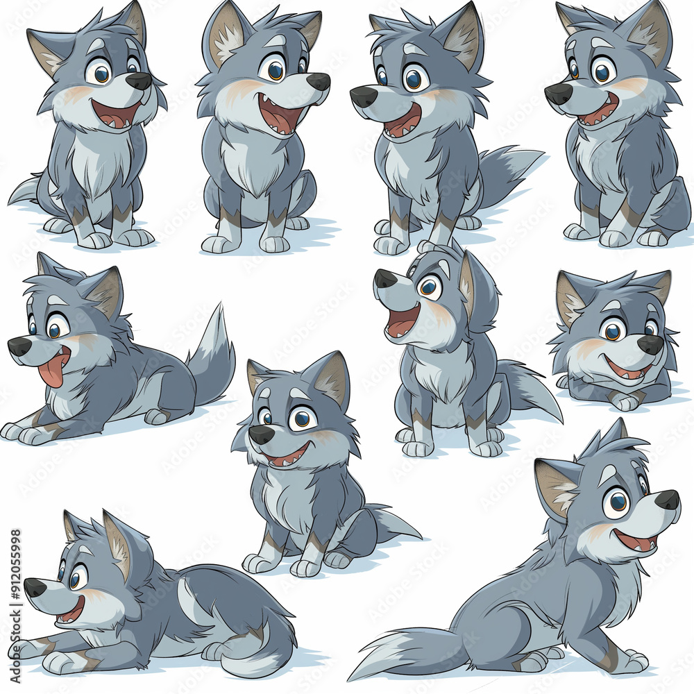 cartoon wolf character poses with various expressions Stock ...