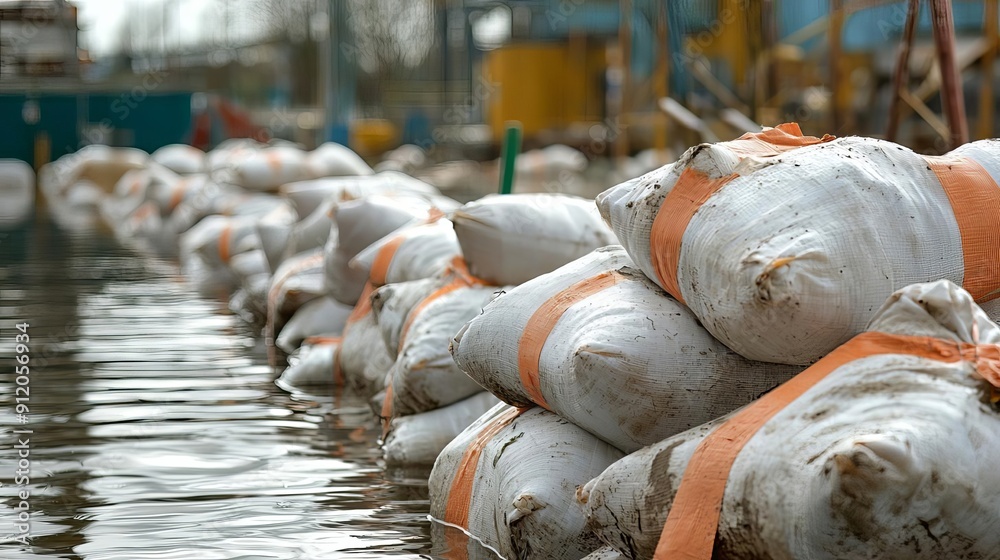Sandbags and temporary flood barriers in an industrial area, sandbag ...