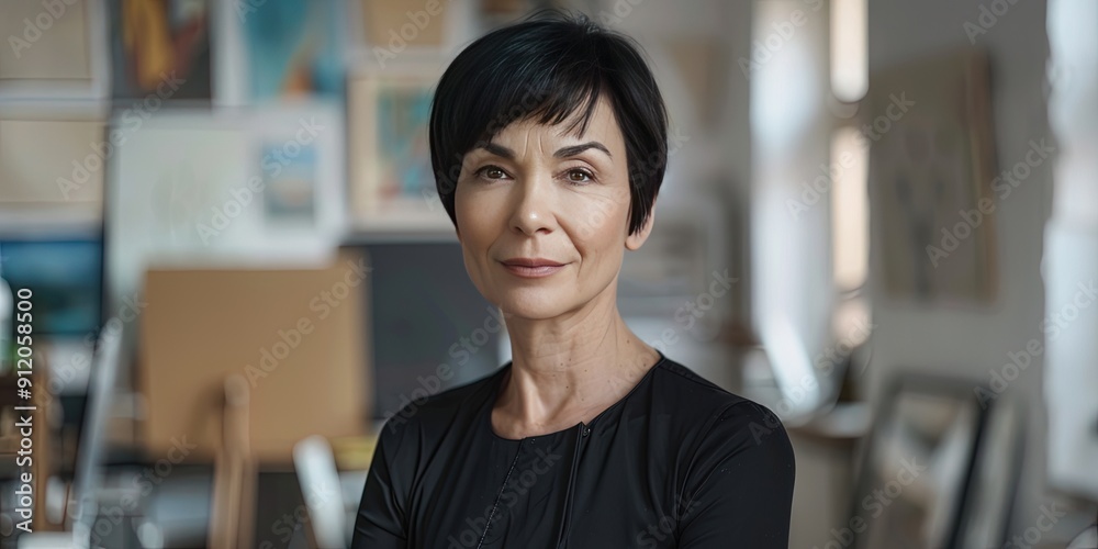 a hip level shot of a 49 year old woman, short black hair in a cool ...