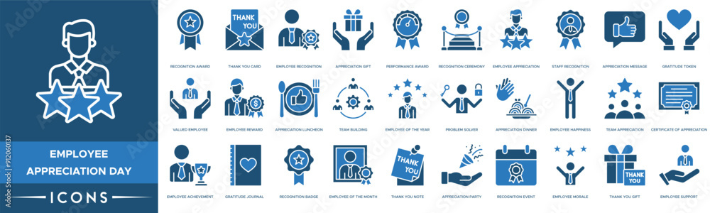 Employee Appreciation Day icon set. Recognition Award, Thank You Card ...