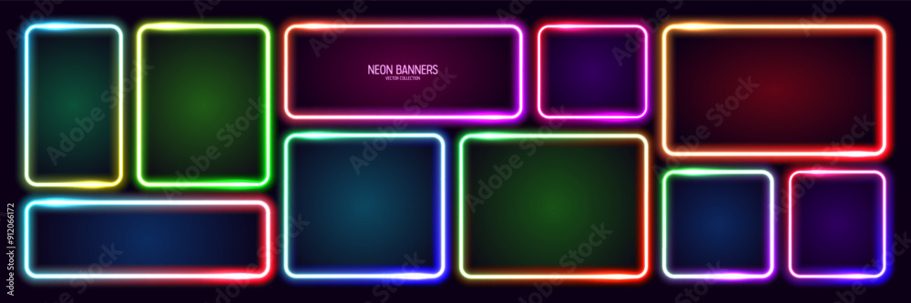 Colorful Glowing Neon Banners Illuminated Square Frames Shiny Vibrant Border Glow Effect