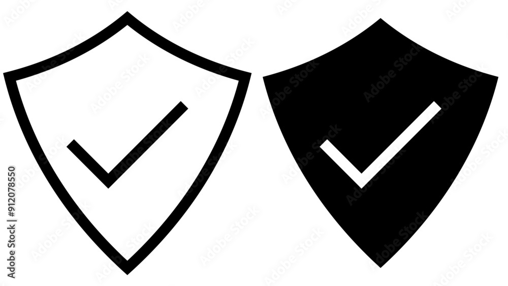 Shield with Tick Mark, Check Mark Icon with Line and Fill Icon Symbol ...