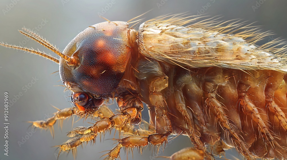 This photograph features a close-up view of a microscopic flea ...