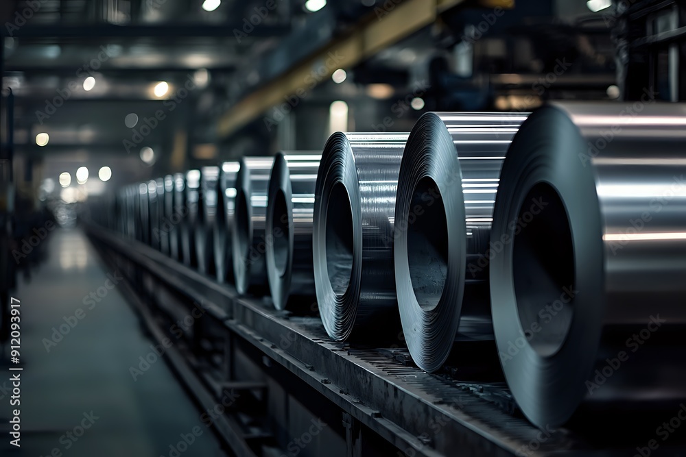 Steel Coils Moving Along a Conveyor Belt in a Factory, Industrial ...