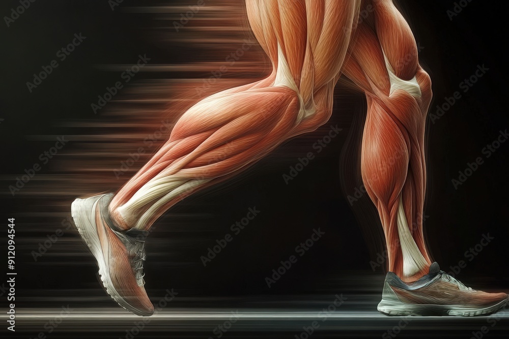 Dynamic portrayal of a muscular leg in motion, showcasing anatomy and ...