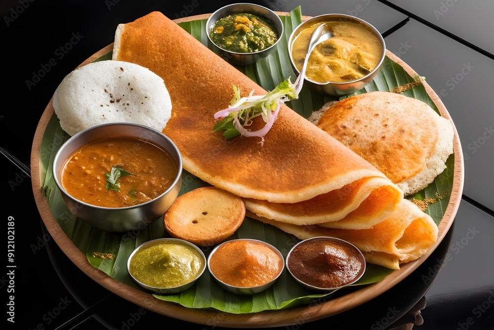 Group of South Indian food like Masala Dosa, Uttapam, Idliidly ...