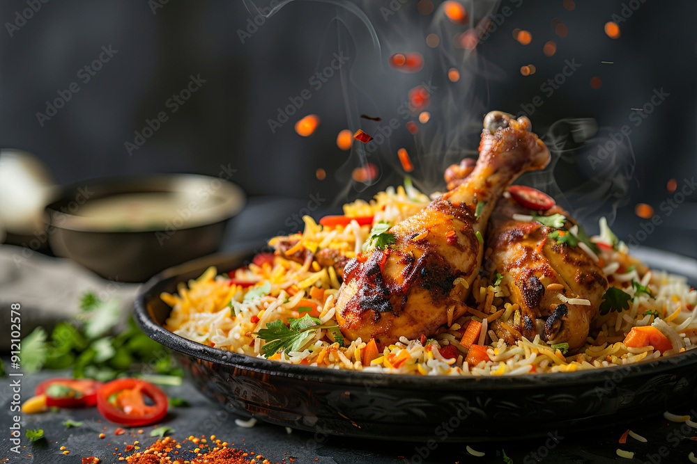 Indian chicken biryani, spicy food photography, with flying food effect ...