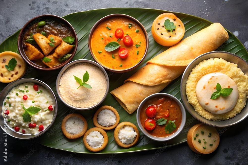 Group of South Indian food like Masala Dosa, Uttapam, Idliidly ...