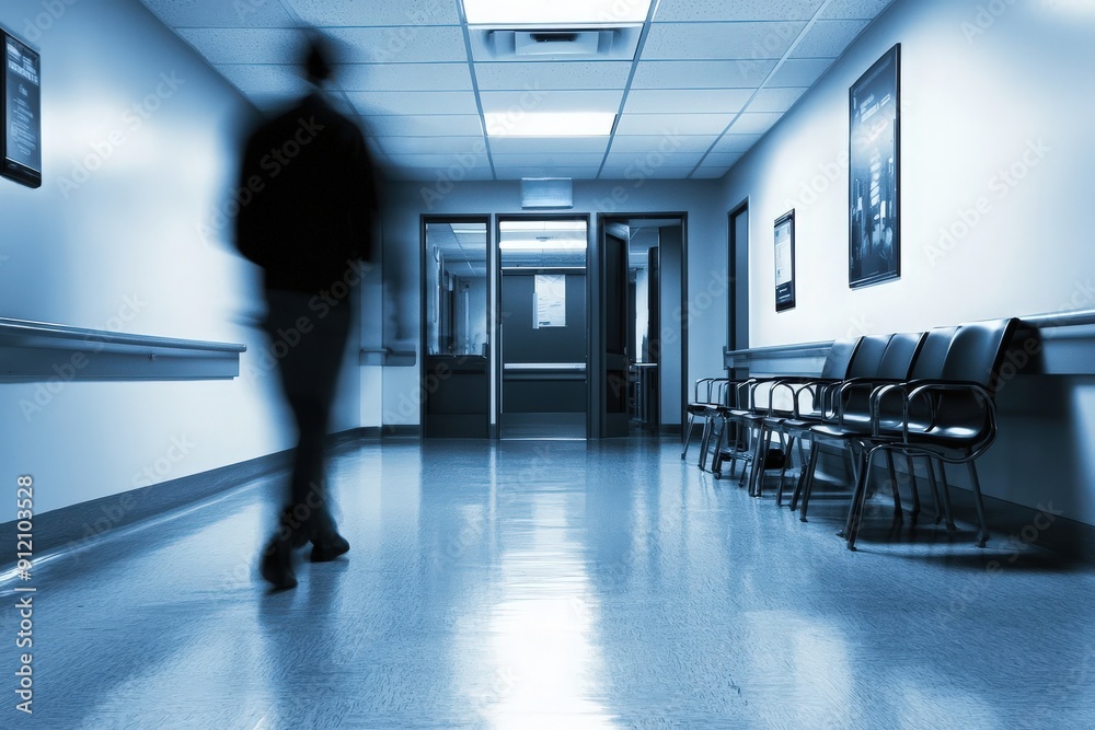 Blurry figure walking through an empty hospital corridor, creating an ...