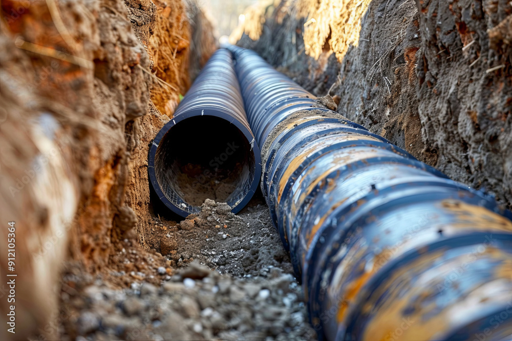 Installing underground sewer pipes for wastewater disposal. Concepts of ...