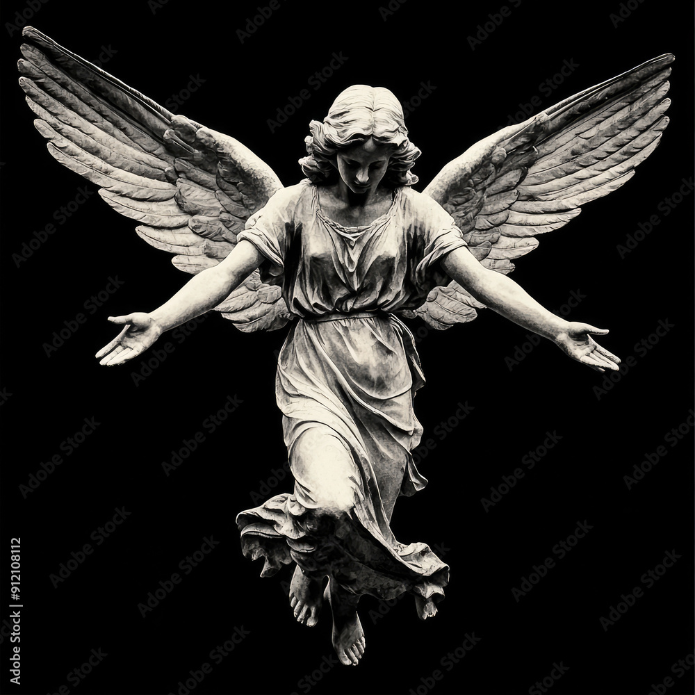 Angel statue, facing forward with wings spread, flying on a black ...