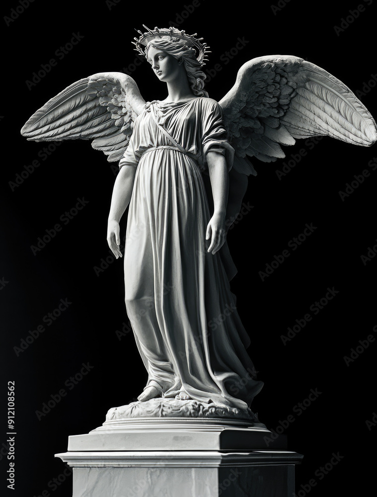 Angel statue, facing forward with wings spread, flying on a black ...