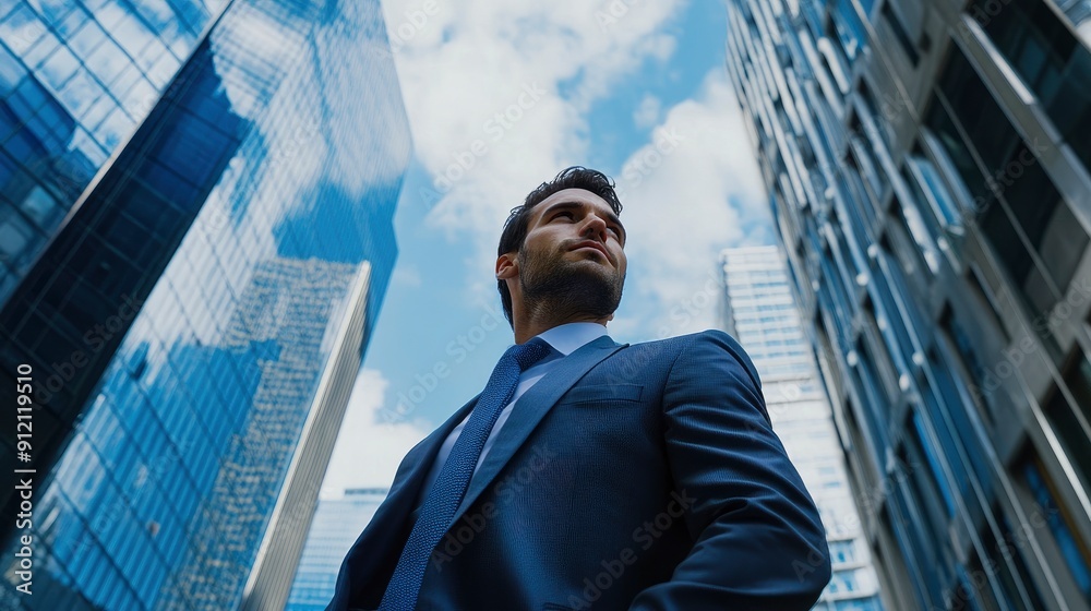 Confident rich businessman executive standing in modern big city ...