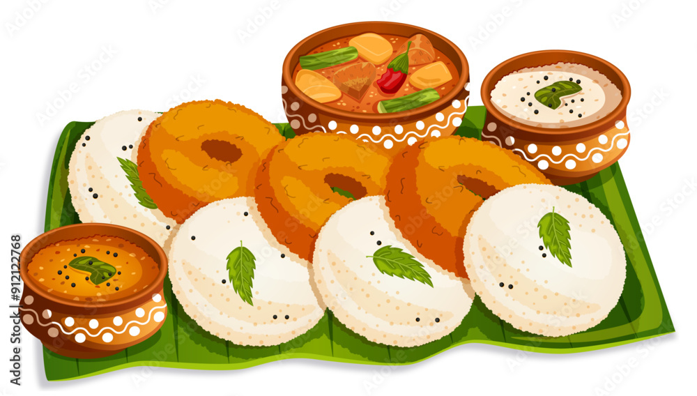 Idli, Vada & Sambar Served on Banana Leaf with Tomato & Coconut ...