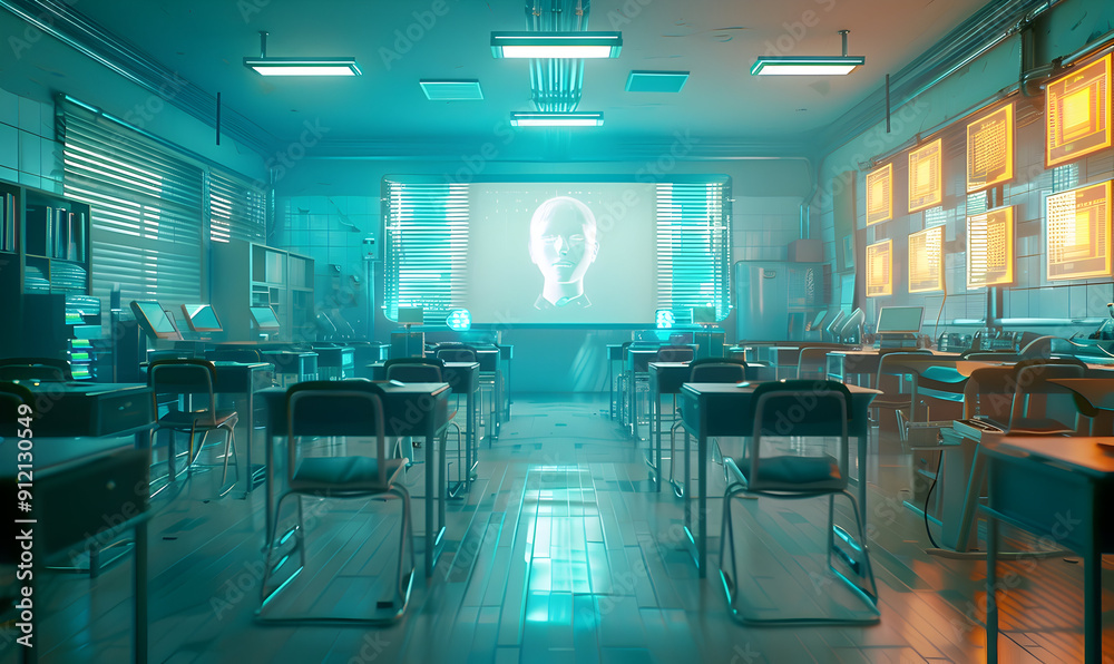 Futuristic classroom with a projector displaying a face and an empty ...