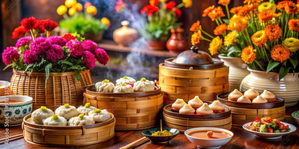 Steaming dim sum baskets and teapots adorn a traditional Chinese ...
