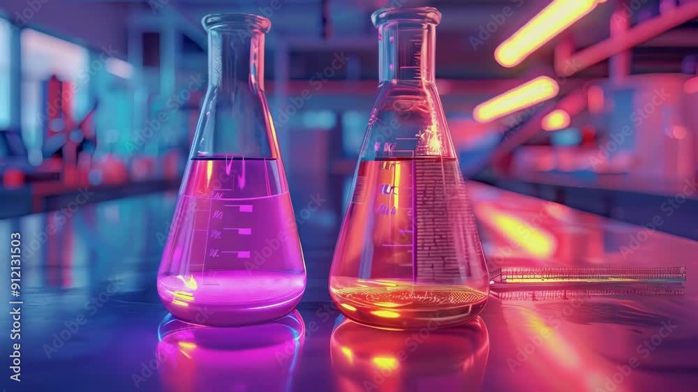 video of neon, contrast flasks on the table in laboratory, chemistry ...