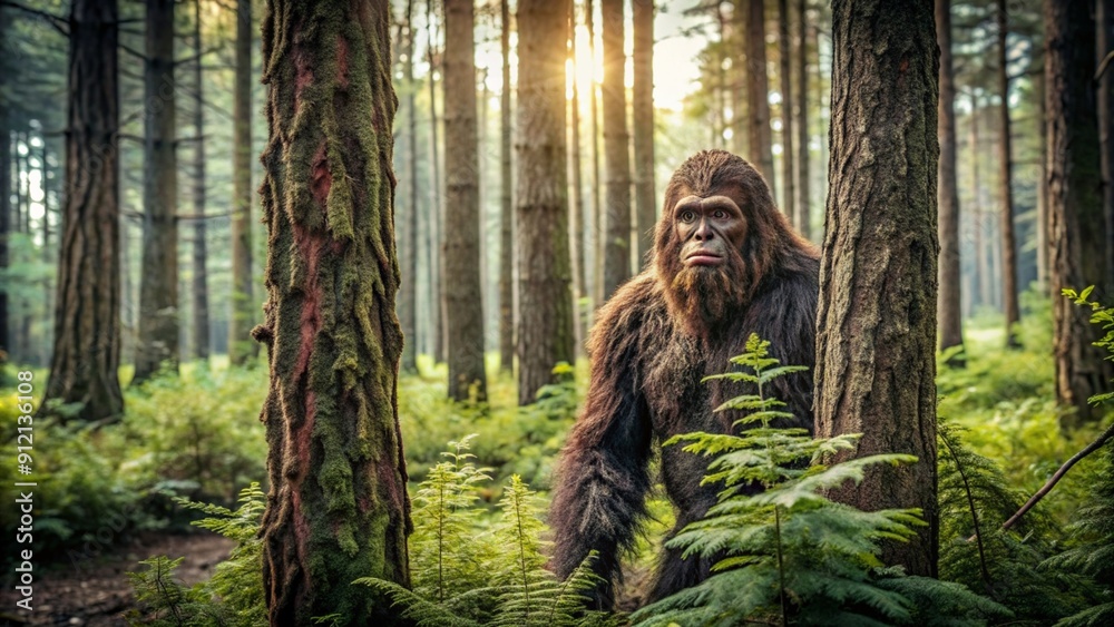 Mysterious sasquatch hiding among the trees in the forest, legend, legend, wild, cryptid ...