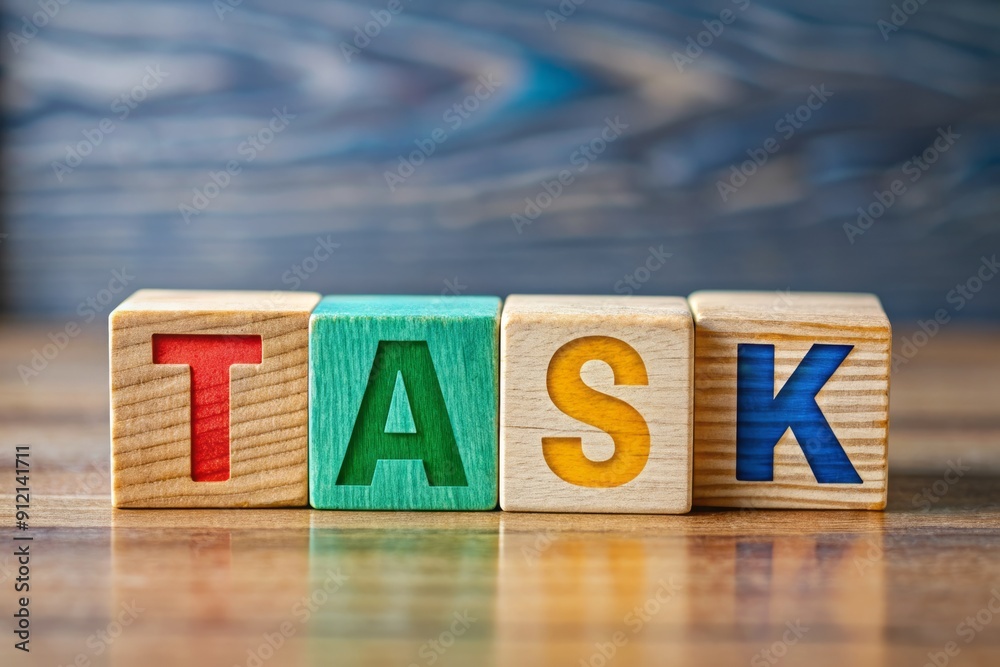 Colorful wooden cube with bold, modern font displaying the word TASK ...