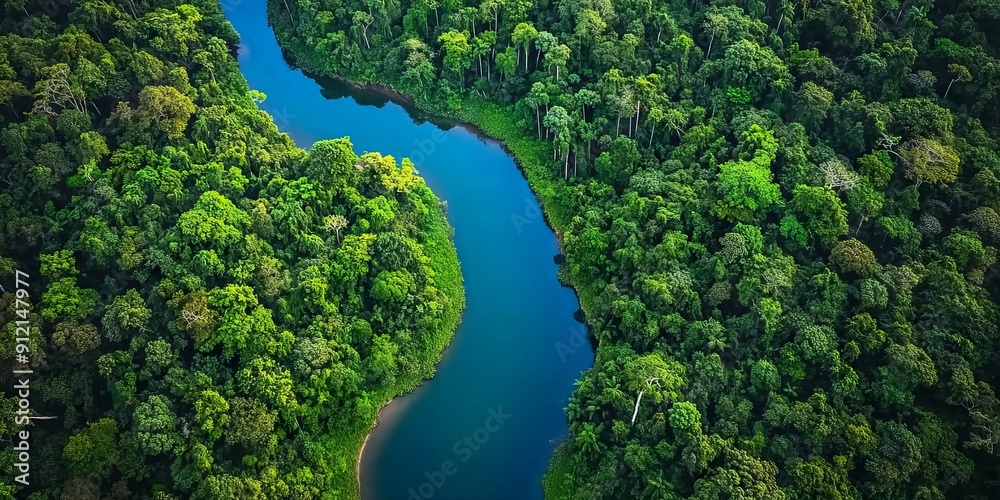 Aerial view of the Amazon rainforest with a river flowing through it ...