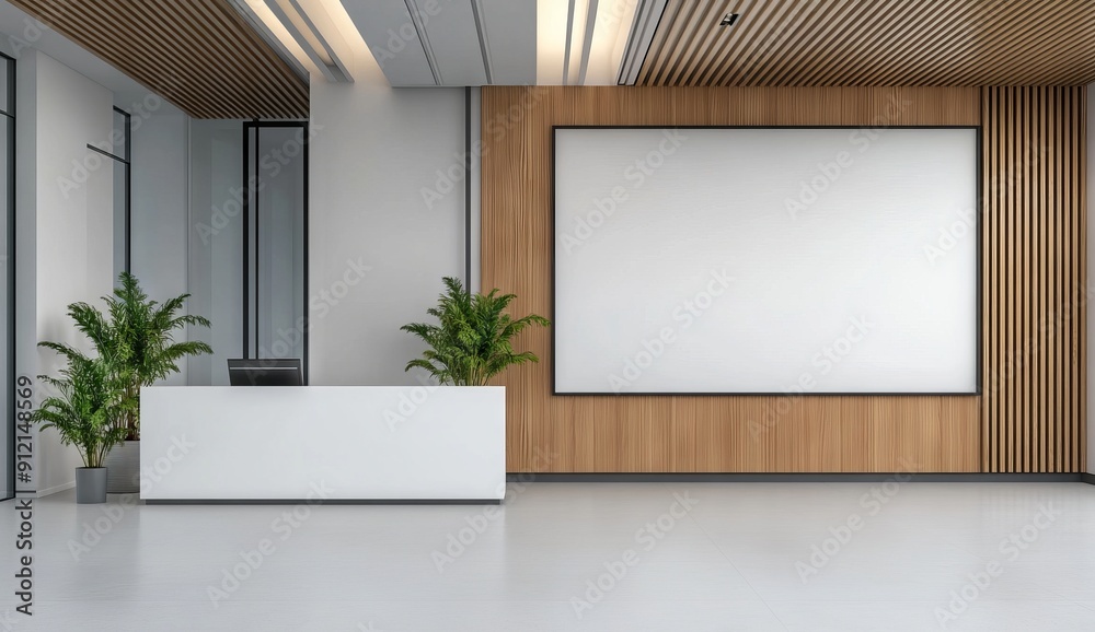 An interior office space with a double height ceiling features a white ...