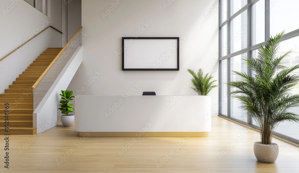 An interior office space with a double height ceiling features a white ...