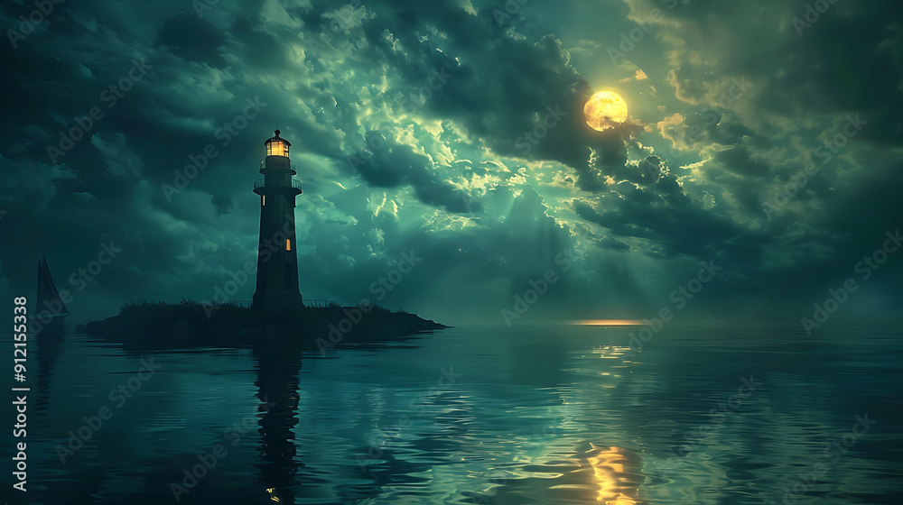 Lighthouse illuminated against a dark night sky, guiding ships safely ...