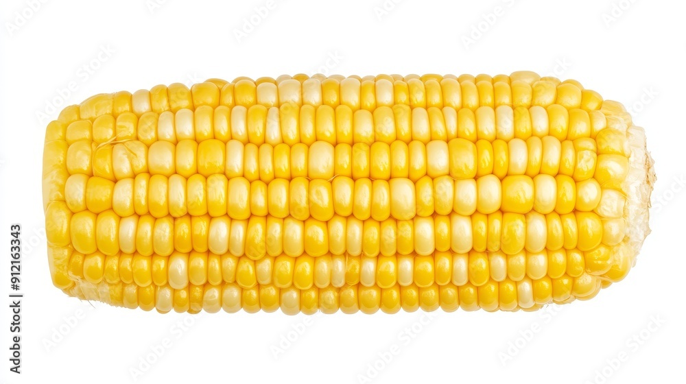 Fresh corn on the cob halved, displaying neat rows of golden kernels ...
