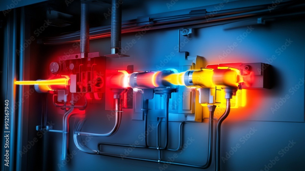 Detailed thermal image of electrical wiring inside a panel, showing ...