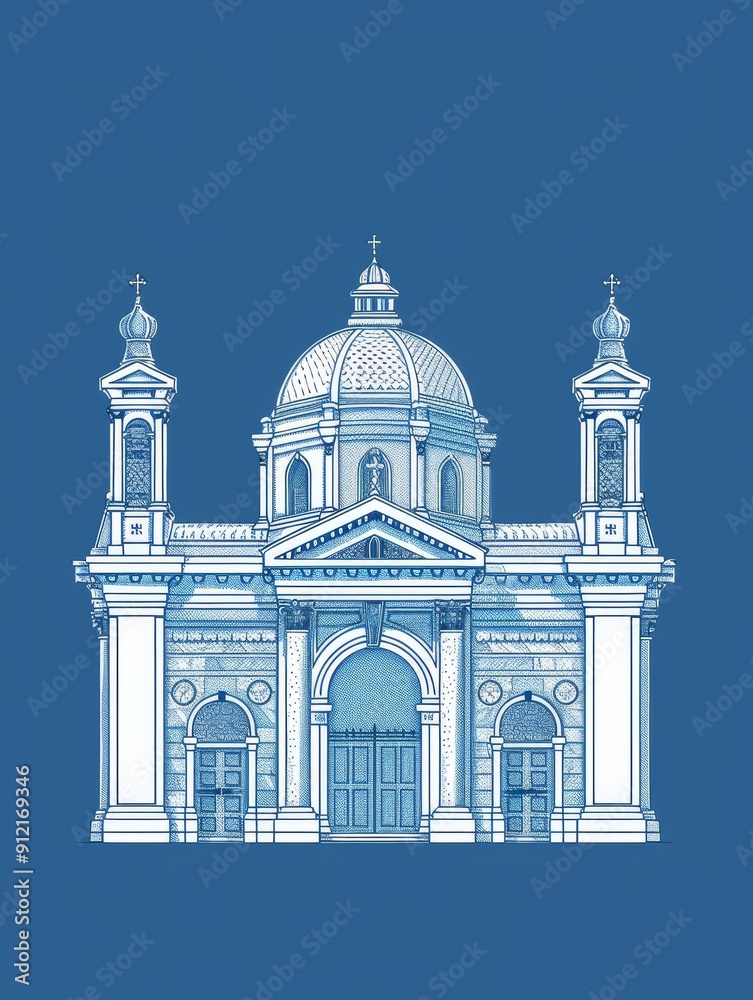 Historic Church Facade in Blueprints - A detailed architectural drawing ...