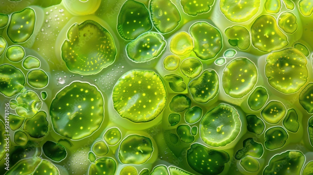 Create a detailed image of algae cells, highlighting their chloroplasts ...