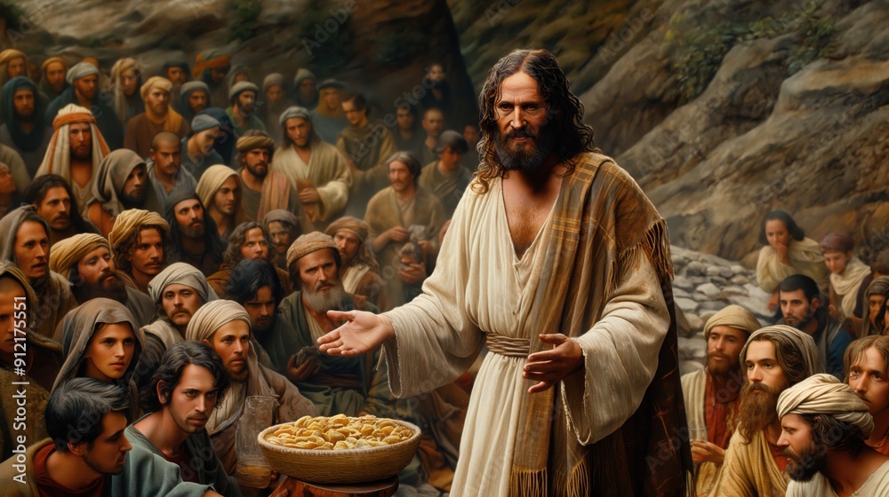 Jesus feeding the five thousand with bread and fish Stock Photo | Adobe ...