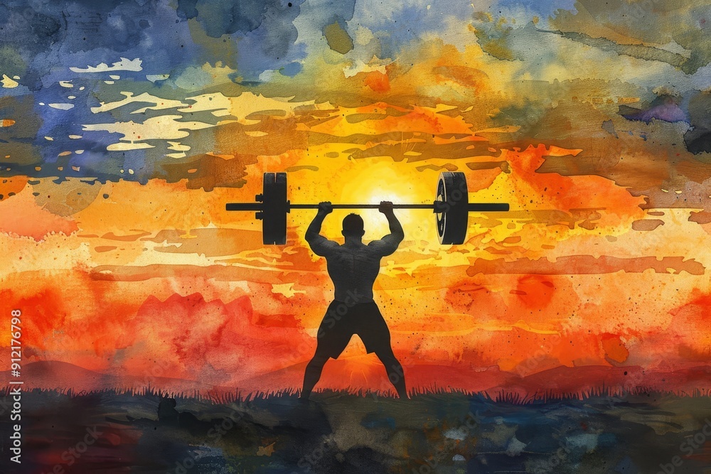 Strong Man Lifting Weights at Sunset - A powerful silhouette of a man ...