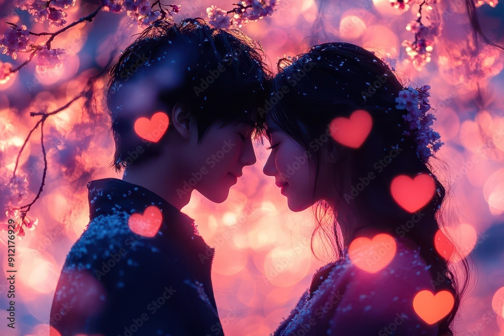 lovestruck anime couple sharing tender moment under glowing sakura tree ...
