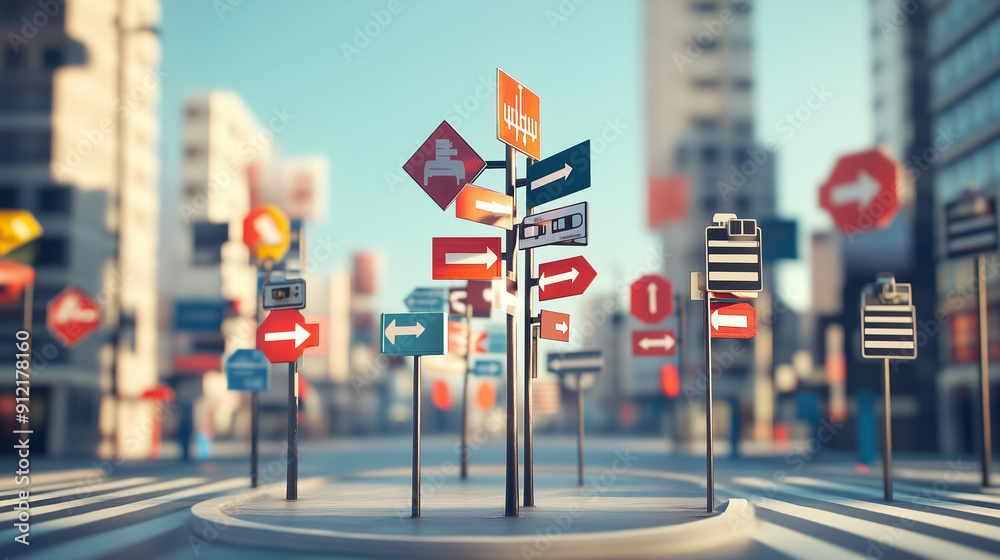 image of multiple directional signs positioned at the center of an ...