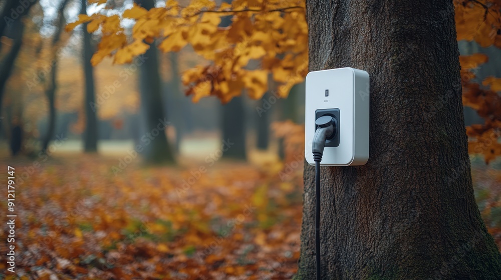 Electric car charging station mounted on a tree in a forest ...