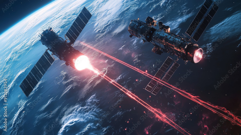 In space, two satellites fight using laser weapons. This shows the ...